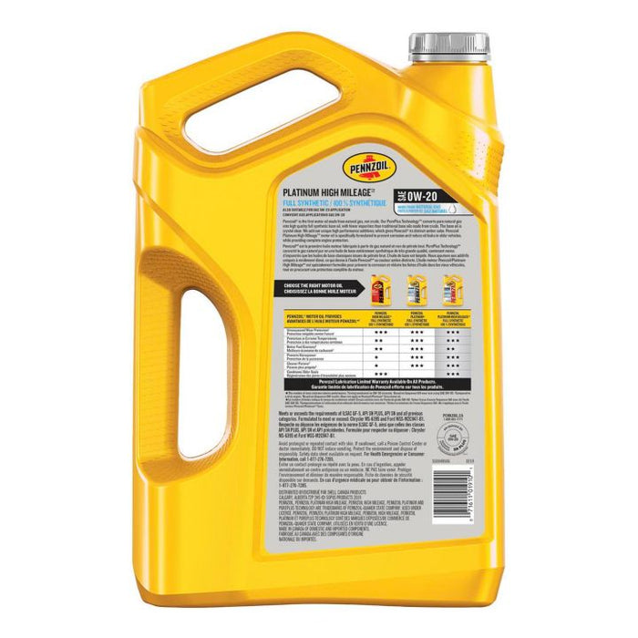 550049506 Pennzoil 0W20 Platinum Synthetic High Mileage Motor Oil, 5-L