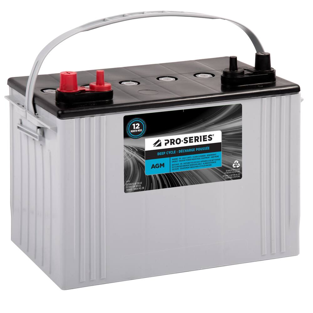 A white 8A27M Pro-Series AGM Group 27 marine deep cycle battery with a ...